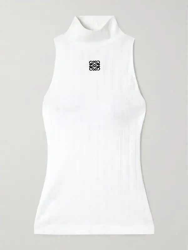 Loewe Anagram Embroidered Ribbed Stretch-Cotton Turtleneck Tank In
