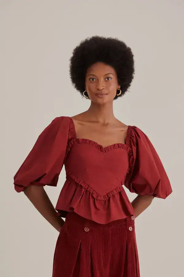 Farm Rio Active Heart Shaped Puff Sleeve Blouse - Marsala | Editorialist
