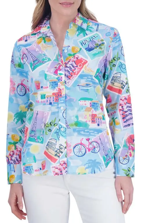 Foxcroft Meghan Travel Print Button-up Shirt