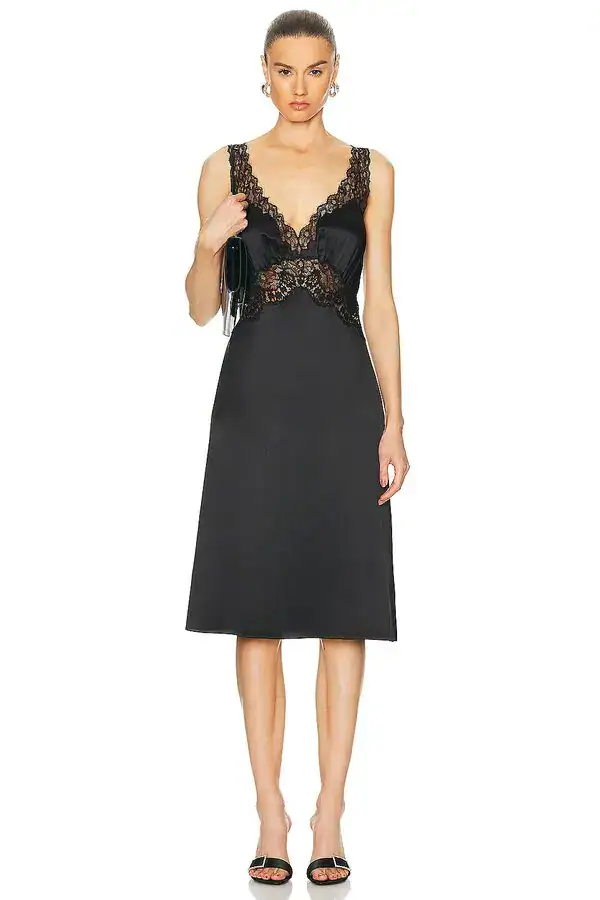 Saint Laurent Satin Lace Dress - Noir | Editorialist