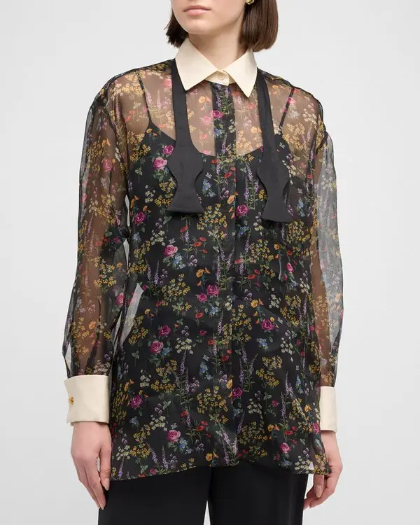 Max Mara Marocco Floral-print Chiffon Collared Tunic Shirt - Black ...