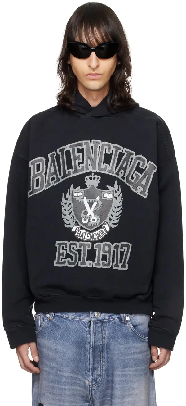 Balenciaga Black Diy College Hoodie In 8190 Washed Black/Bl - 17 