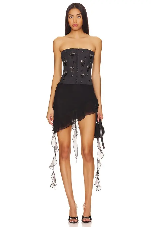 GUIZIO Embellished Satin Corset - Black