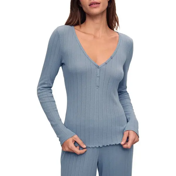 Eberjey Pointelle Rib Henley Pajama Top - Faded Denim