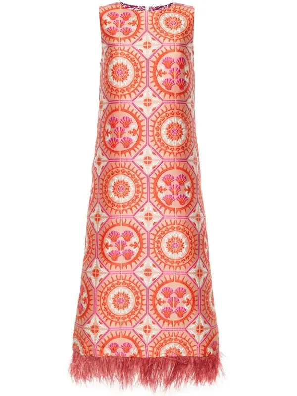 La DoubleJ Column Feathered Midi Dress - Orange