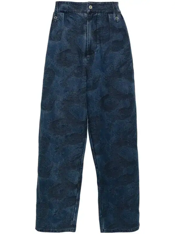 Feng Chen Wang　jacquard denim pants Feng Chen Wang Dragon-Jacquard Wide-Leg Jeans In Blue - 86% Off