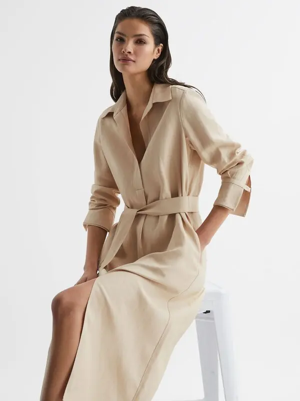 REISS Phoenix Premium Linen Blend Midi Dress - Neutral