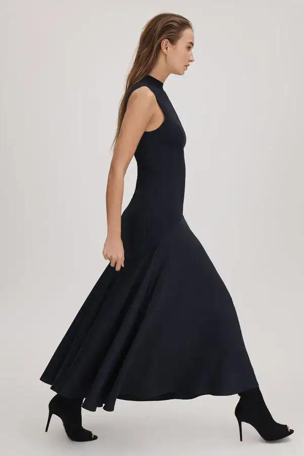 slim fit dress slacks Florida Midi Dress in Mini Navy Polka Dot