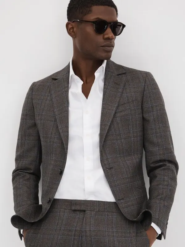 REISS Fantasy Slim Fit Wool Single Breasted Check Blazer - Brown Multi