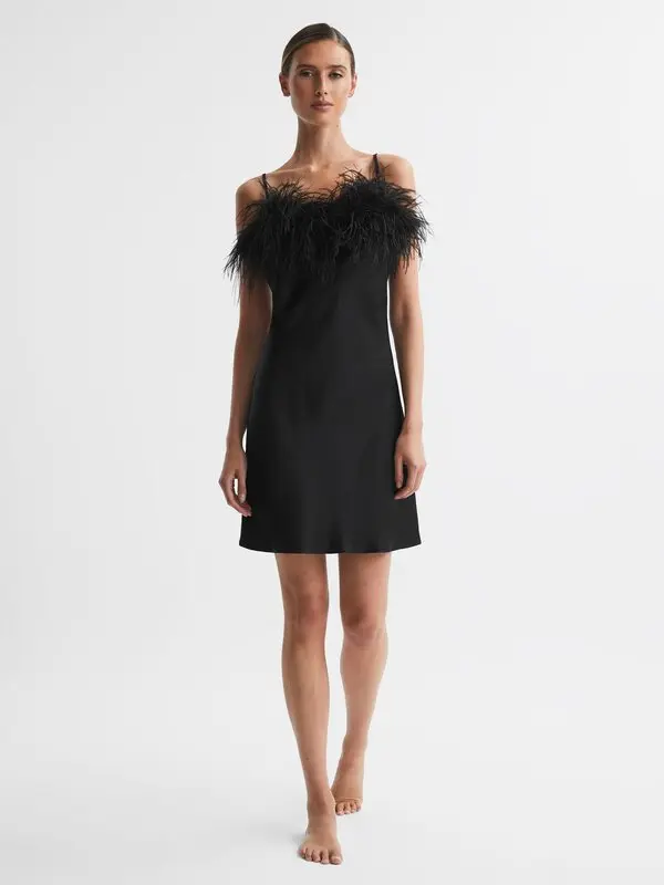 Sleeper Feather Trim Mini Slip Dress
