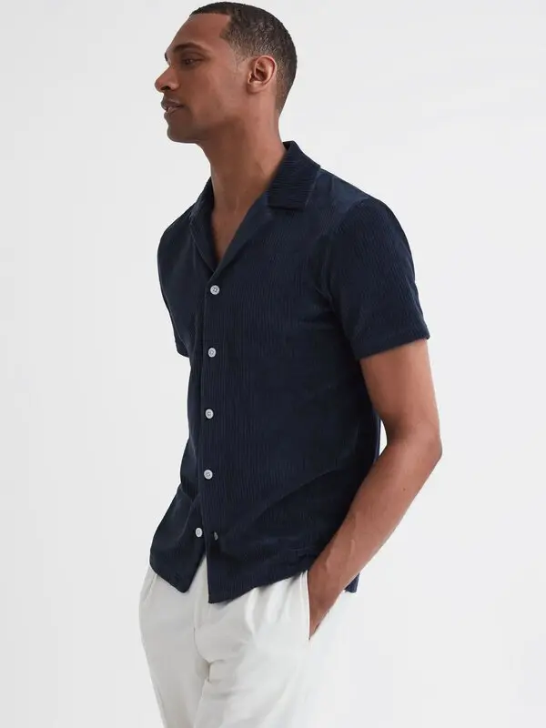 REISS Santal Slim Fit Cuban Collar Textured Shirt - Navy