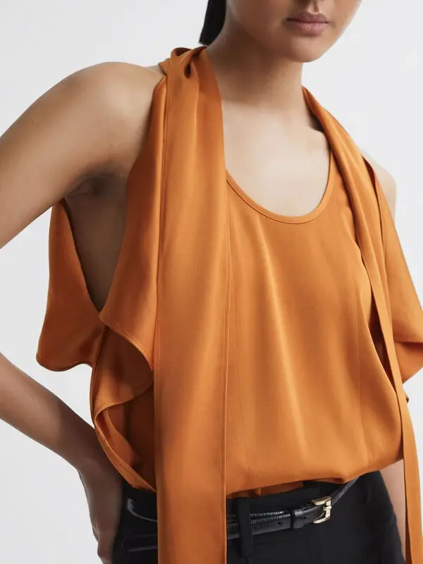 REISS Camilla Tie Neck Draped Blouse - Rust