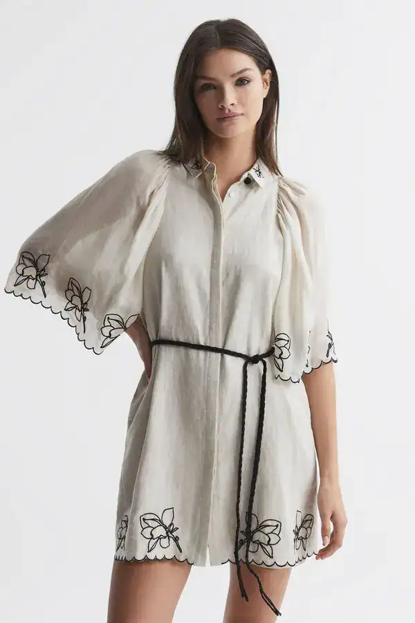 Joslin Embroidered Linen Shirt Mini Dress In Flax Black - 50% Off |  Editorialist