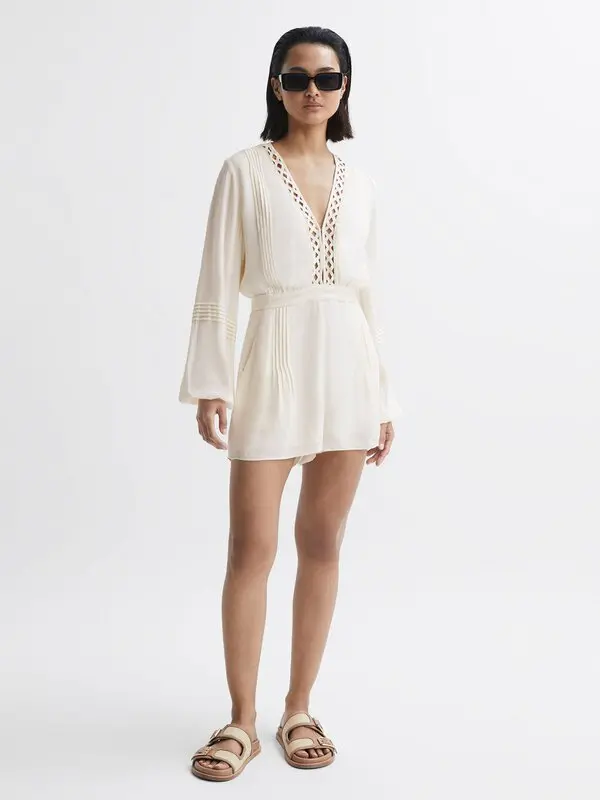 REISS Lattice Trim Long Sleeve Playsuit