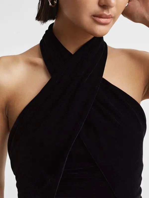 REISS Anna Velvet Halter Neck Cropped Top - Black