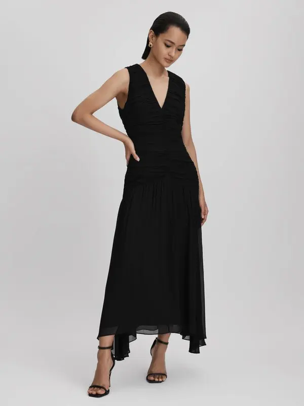 REISS Saffy Ruched Bodycon Midi Dress - Black