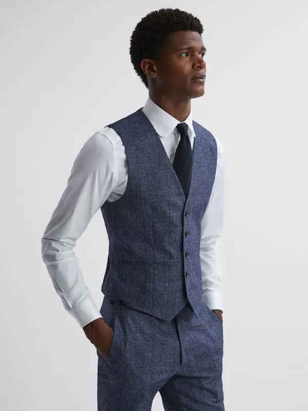 REISS Barrett Slim Fit Wool-linen Check Waistcoat