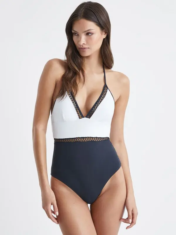 REISS Ray Colourblock Halter Swimsuit - Navy