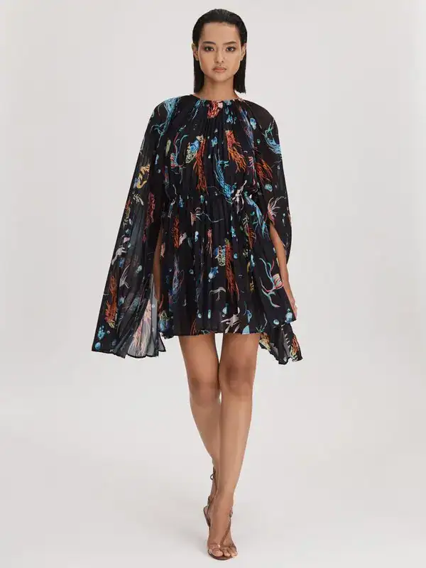 Leo Lin Evelyn Pleated Bell Sleeve Mini Dress In Twilight Print Black - 64%  Off | Editorialist