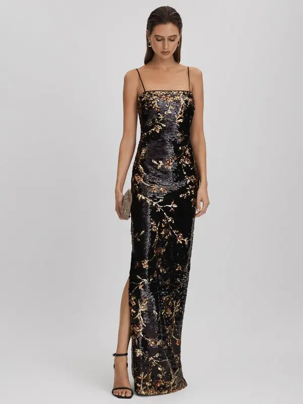 Halston Sequin Floral Maxi Dress