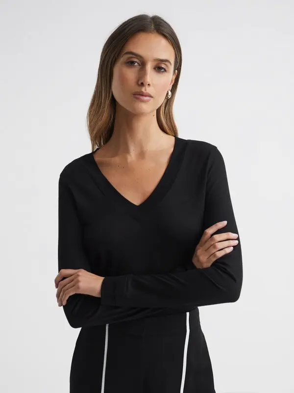 REISS Brady Jersey V-neck Top - Black