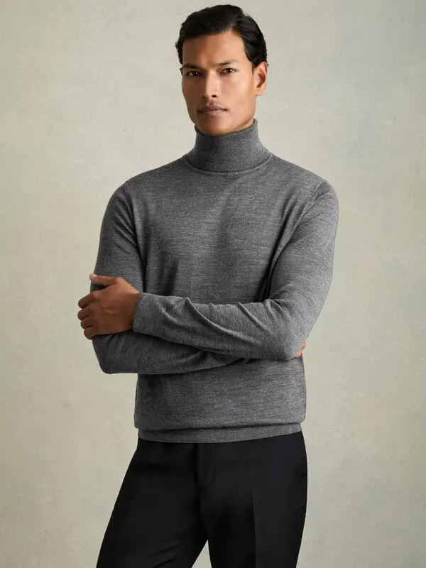 REISS Caine Merino Wool Roll-neck Jumper - Mid Grey Melange