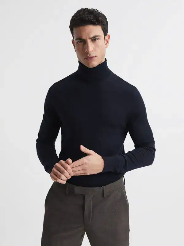 Reiss Merino Wool Half-Zip Funnel Neck Jumper Navy Editorialist