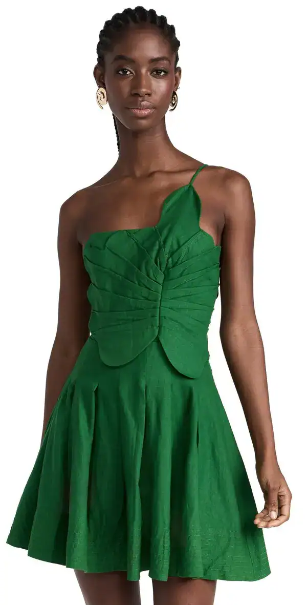 strapless open back dress One Shoulder Jacquard Dress in Green Gold