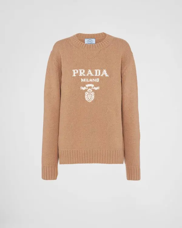 Prada Cashmere And Wool Logo Crew-neck Sweater - Camel Brown