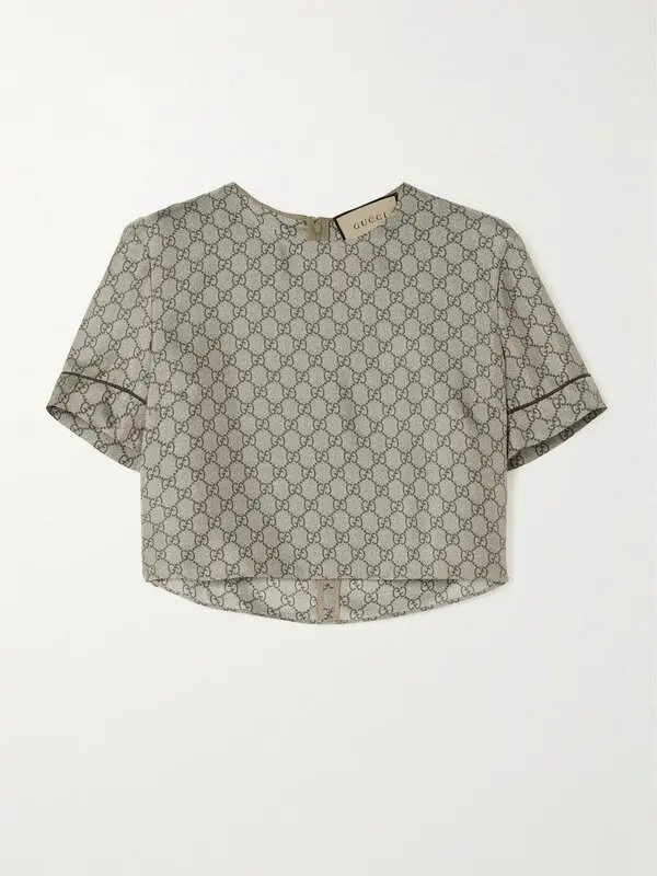 Gucci Gg Supreme Cropped Printed Silk-twill Top - Brown