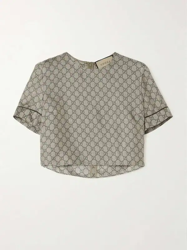 Gucci Gg Supreme Cropped Printed Silk-twill Top - Camel | Editorialist
