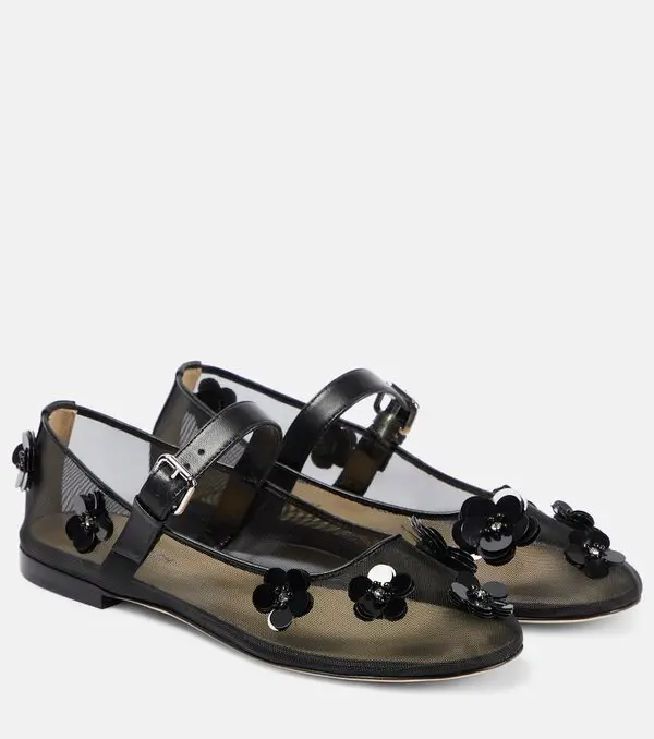 Mach & Mach Sequined Floral-appliqué Mary Jane Flats