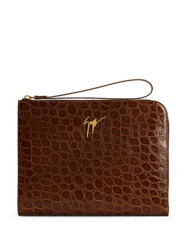GIUSEPPE ZANOTTI Fabian Crocodile-embossed Leather Pouch - Brown