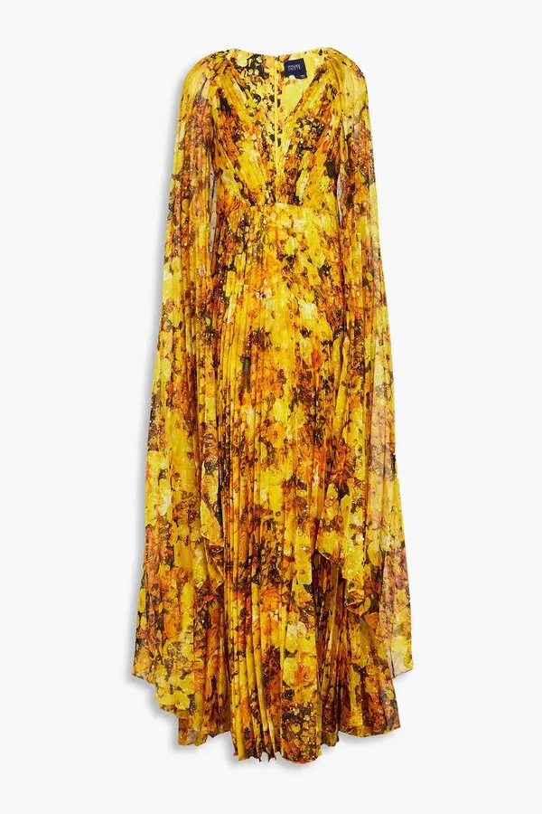 Marchesa Cape-effect Floral-print Gown