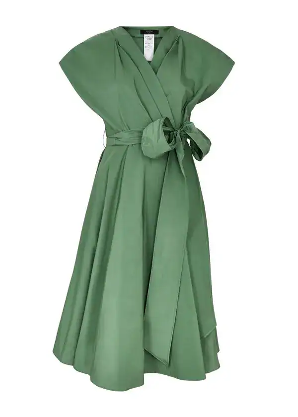 Max Mara Giambo Belted Taffeta Midi Wrap Dress Green Editorialist