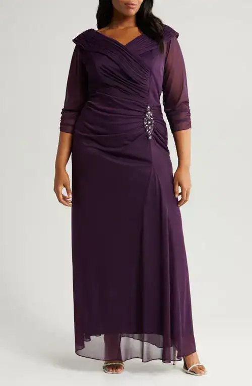 Alex Evenings Rhinestone Detail Portrait Collar Gown - Eggplant ...