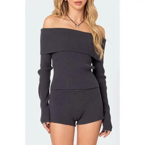EDIKTED Miriam Off-the-shoulder Ribbed Top - Dark-gray