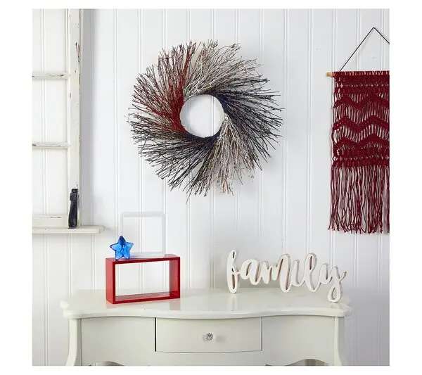 NEARLY NATURAL 24' Americana Twig Wreath Red Wh Ite And Blue