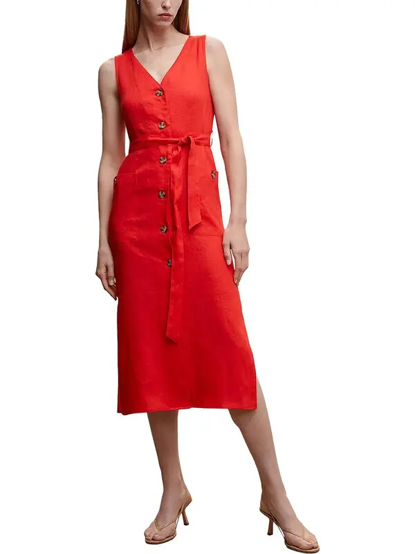Buy MNG Linen Midi Shirtdress - Red At 43% Off | Editorialist