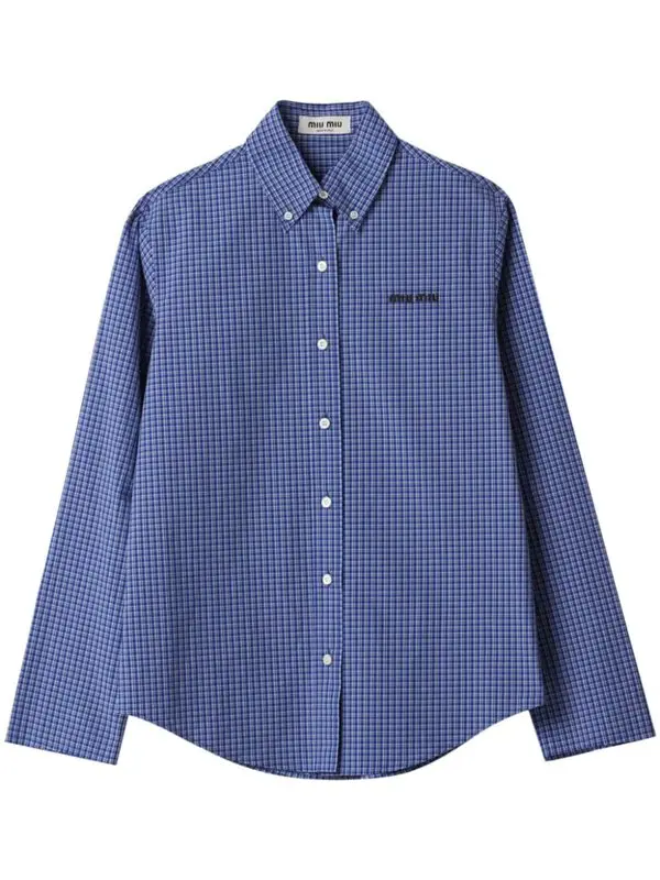 Miu Miu Logo-embroidered Checked Shirt - Blue