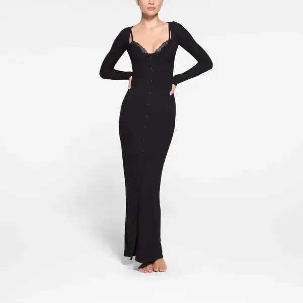 Skims Soft Lounge Lace Long Sleeve Dress With Bralette - Onyx | Editorialist
