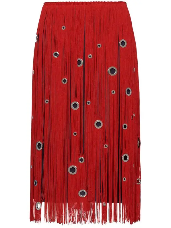 Prada Eyelet-embellished Fringe Skirt - Red