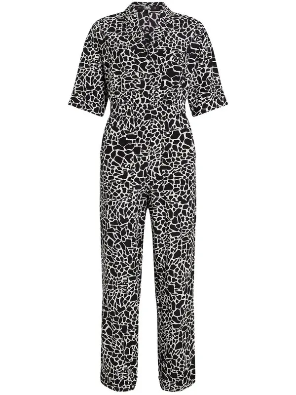 Karl Lagerfeld Giraffe-Print Short-Sleeve Jumpsuit In Black 40