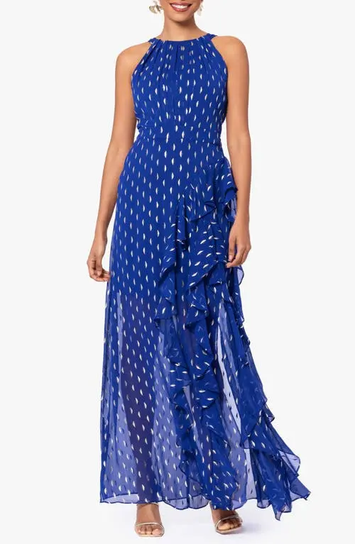 Betsy & Adam Ruffle Metallic Chiffon Gown