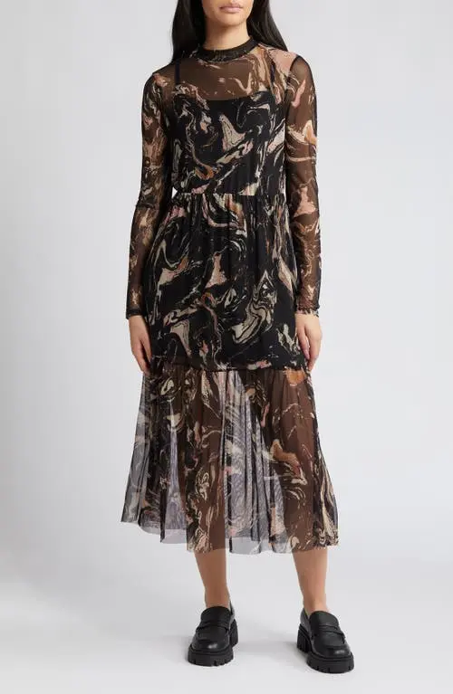 DRESSED IN LALA Marble Long Sleeve Midi Dress