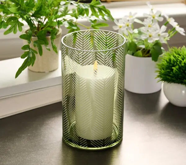 LIGHTSCAPES Medium Etched Glass Hurricane W/flameless Candl