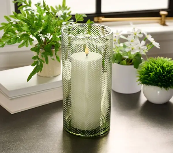 LIGHTSCAPES Large Etched Glass Hurricane W/ Flameless Candl