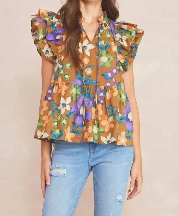 Buy ENTRO Ava Floral Top In Tan - Multi At 42% Off | Editorialist