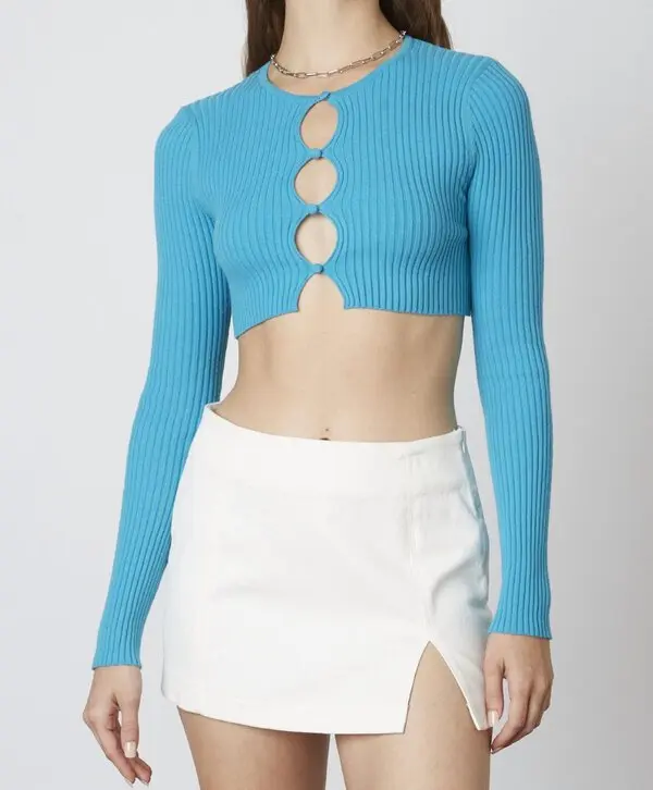 Buy Cotton Candy The Anali Open Button Cropped Sweater In Teal - Blue ...