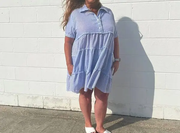 Buy UMGEE Half Button Up Tiered Striped Collared Dress In Blue And ...